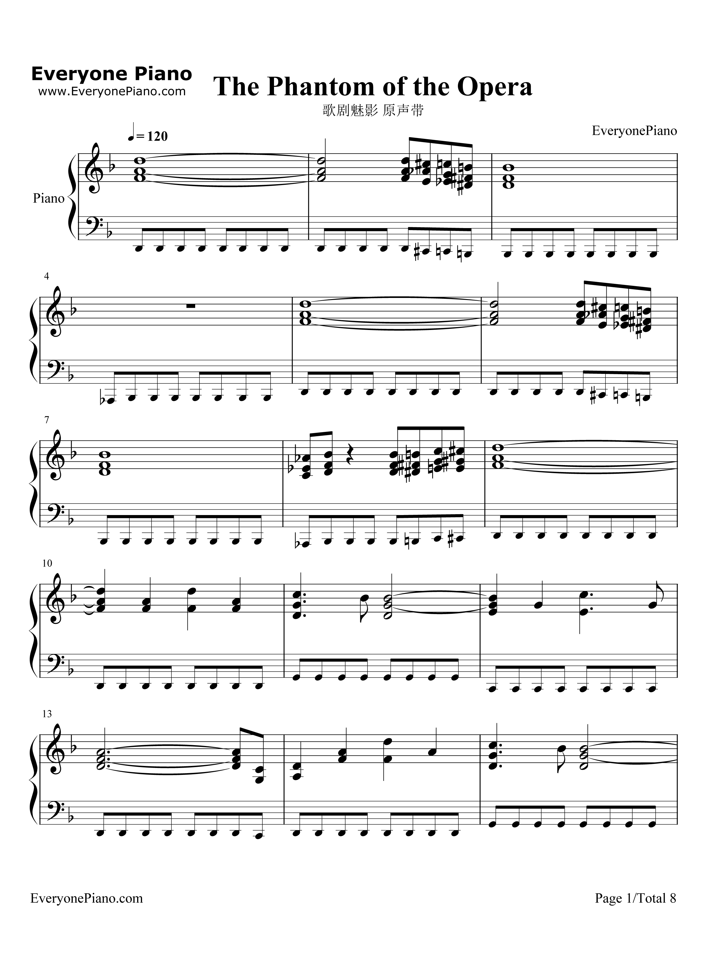 The Phantom Of The Opera 歌剧魅影 原声带 钢琴谱文件(五线谱、双手简谱、数字谱、midi、pdf)免费下载